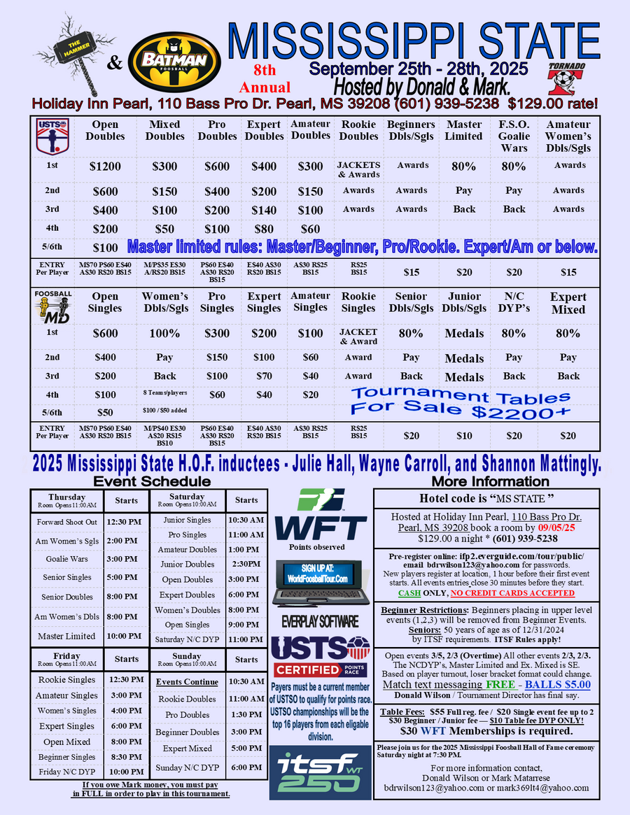 Mississippi State 2025 Info – World Foosball Tour